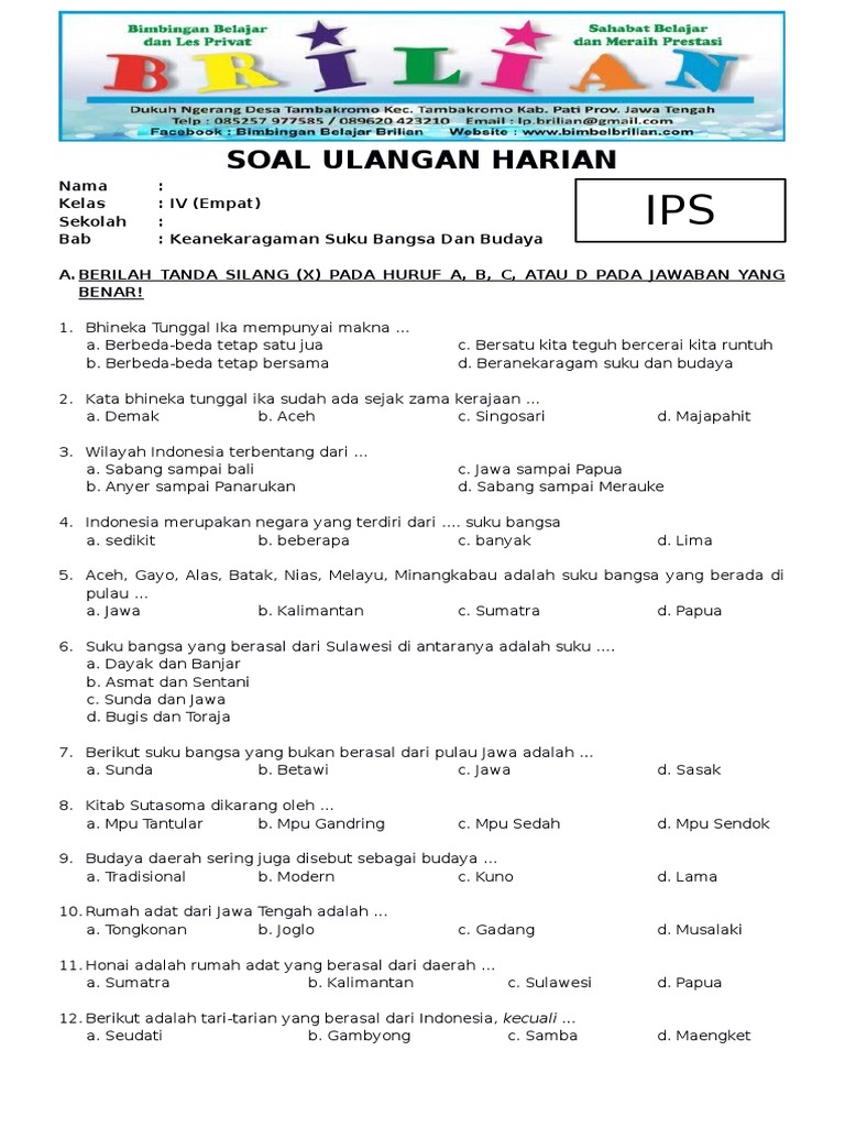 Soal IPS Kelas 4 SD Bab 4 Keanekaragaman Suku Bangsa Dan Budaya Dan ...
