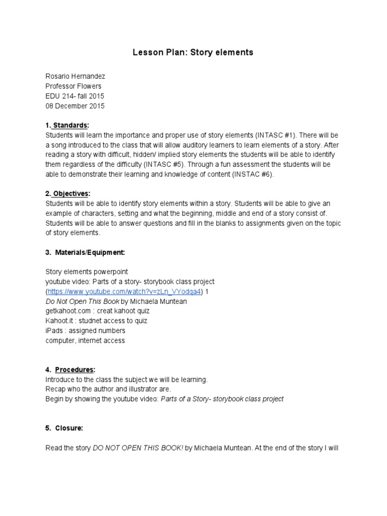 Lesson Plan: Story Elements: Do Not Open This Book | PDF