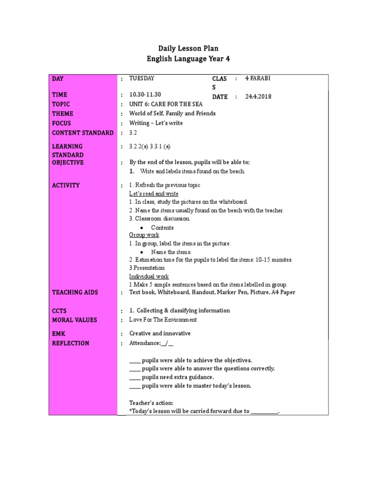 Daily Lesson Plan English Language Year 4 | PDF