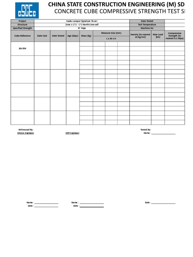 Concrete Cube Compressive Strength Test Sheet | PDF | Chemical Product ...