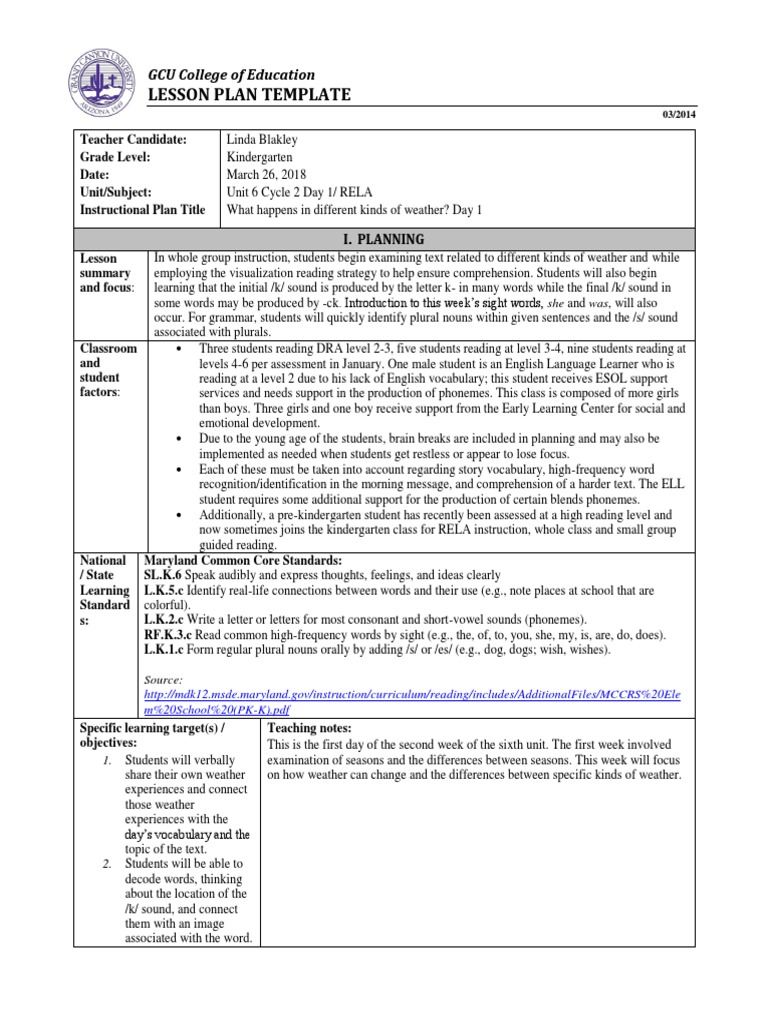 Lesson Plan Template: GCU College of Education | Download Free PDF ...