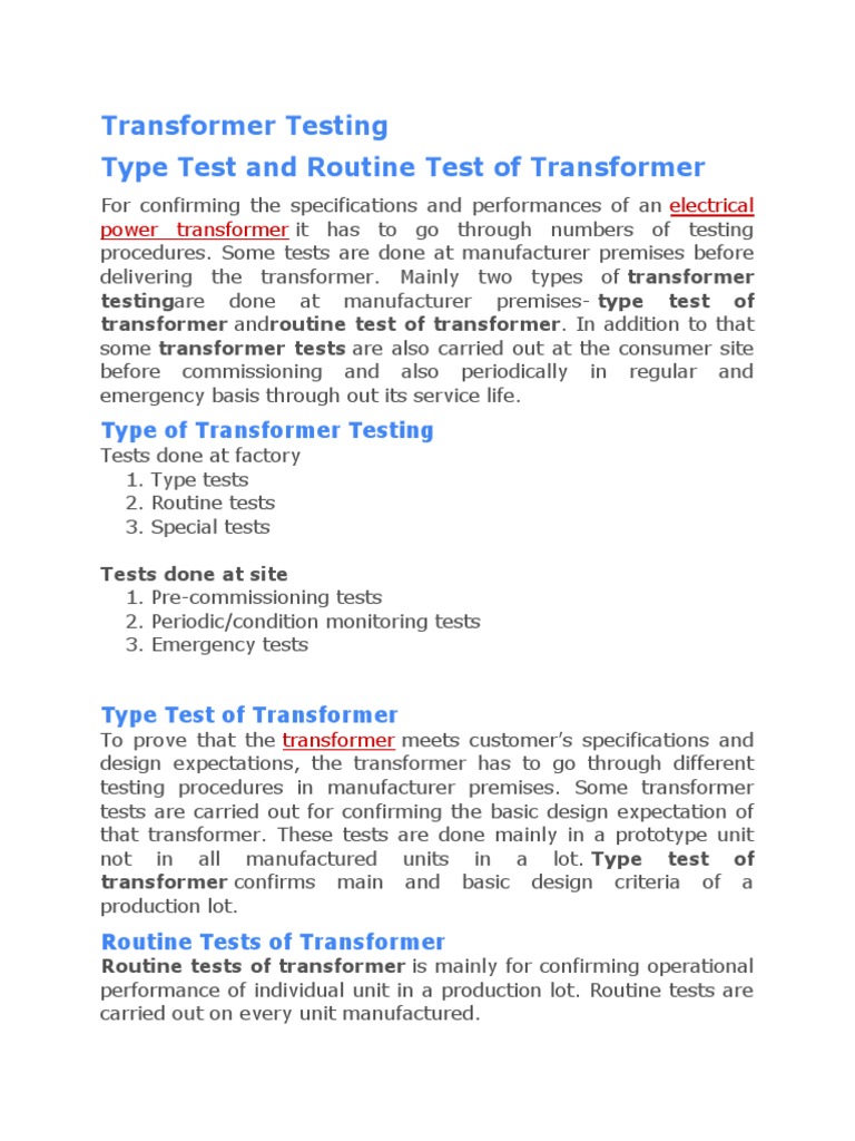 Transformer Testing Type Test and Routine Test of Transformer | PDF ...