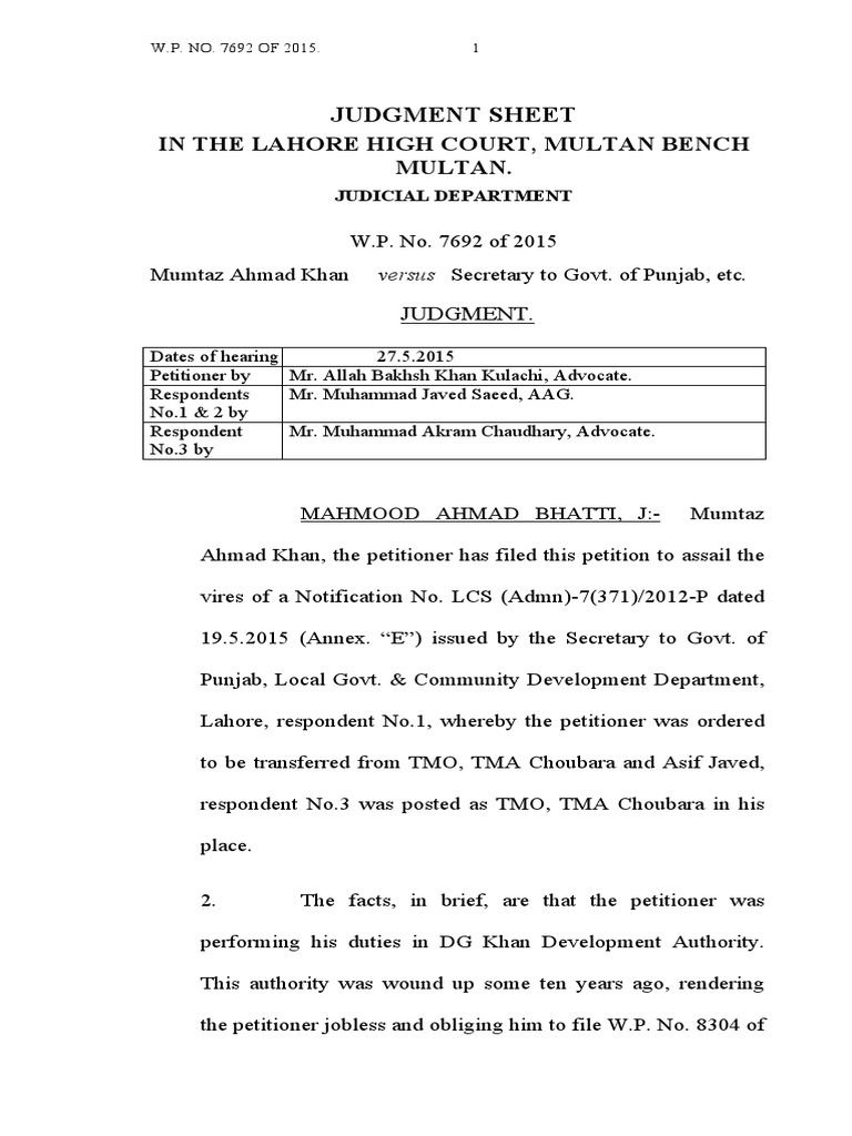 In The Lahore High Court, Multan Bench Multan.: Judgment Sheet | PDF ...