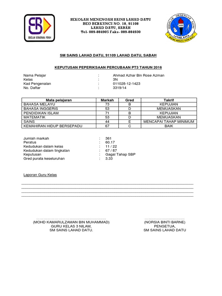 Slip Keputusan Percubaan Pt3 | PDF