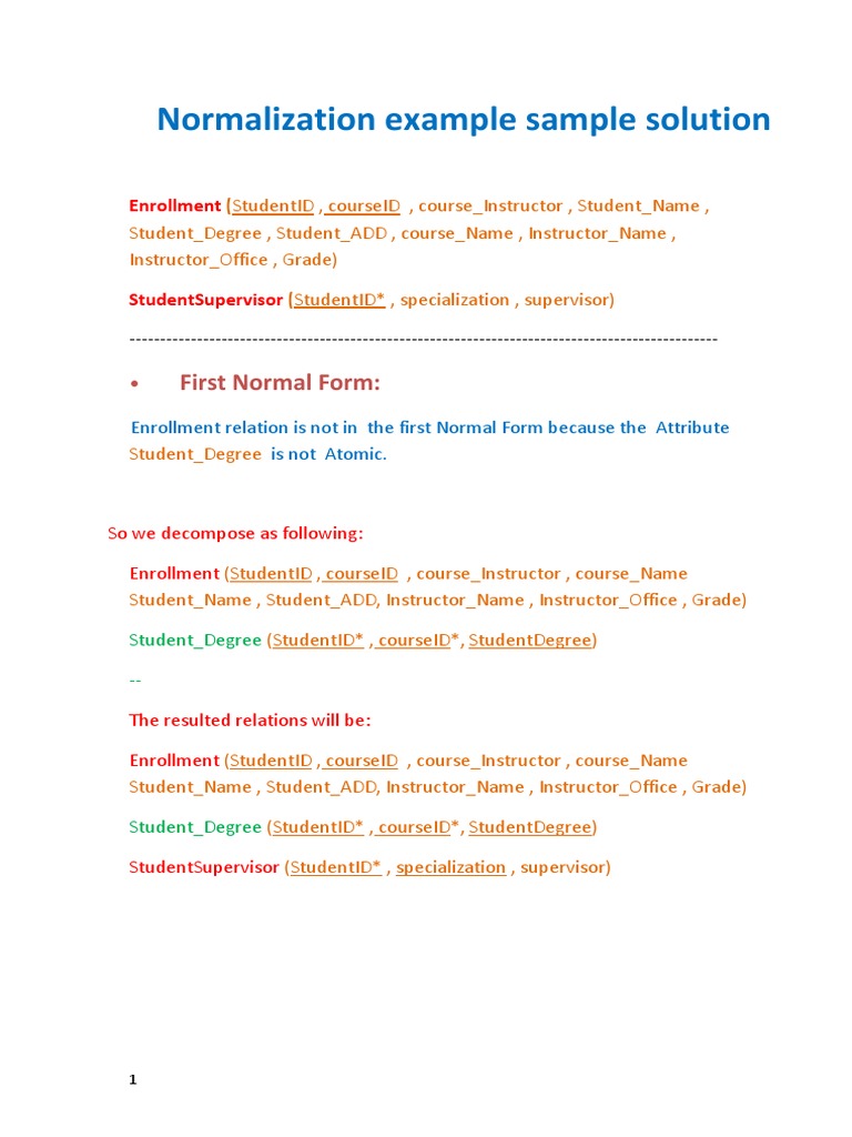 Normalization Example Sample Solution: First Normal Form | PDF | Data ...