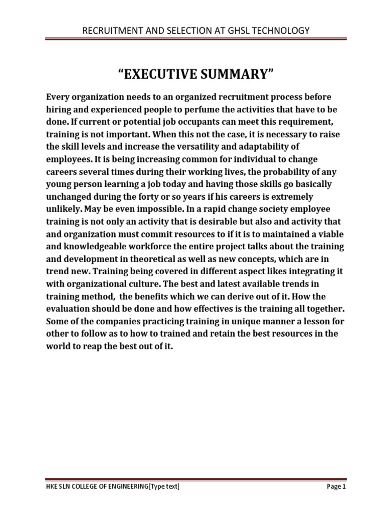"Executive Summary": Recruitment and Selection at GHSL Technology | PDF ...
