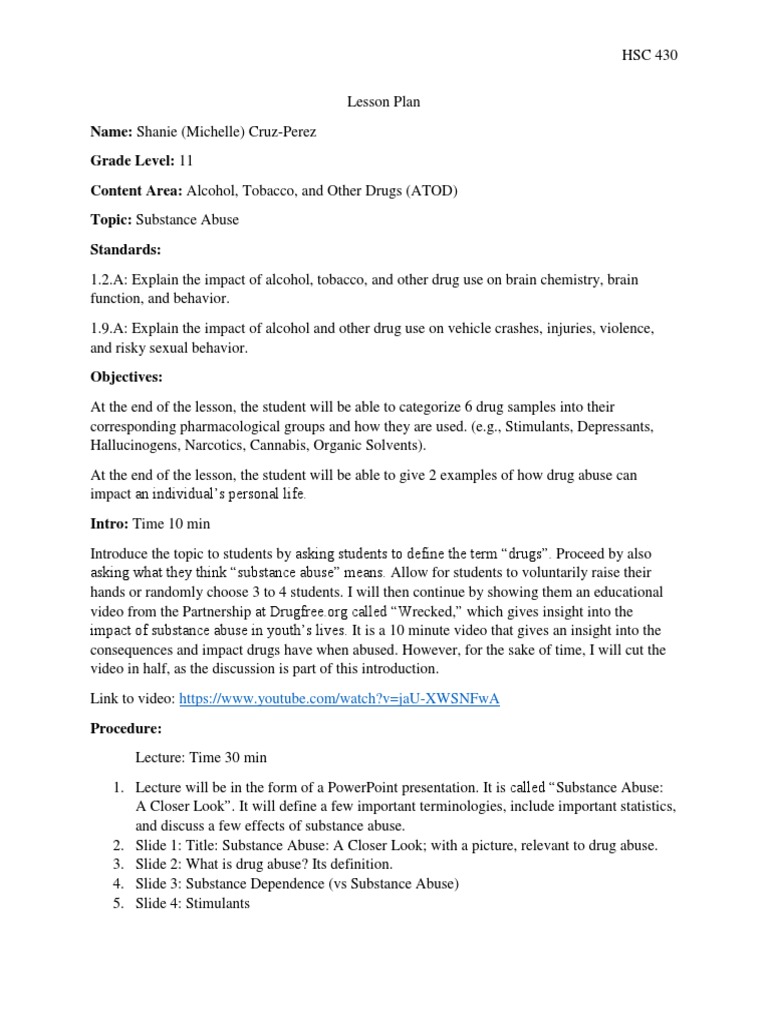 Lesson Plan HSC 430 | PDF | Substance Abuse | Drugs Acting On The ...