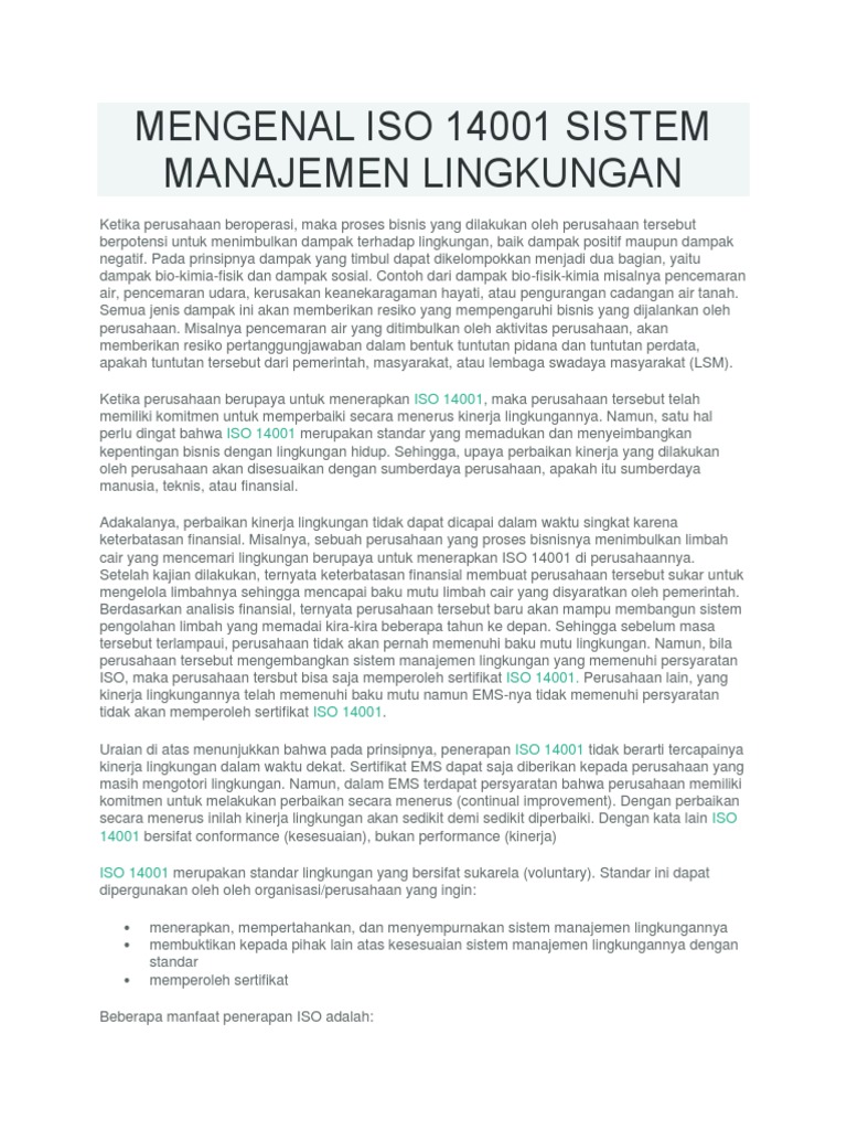 Mengenal Iso 14001 Sistem Manajemen Lingkungan | PDF