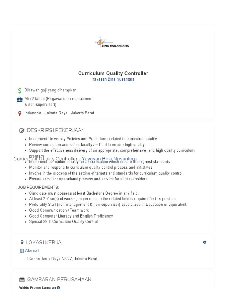 Curriculum Quality Controller Pekerjaan - Yayasan Bina Nusantara ...