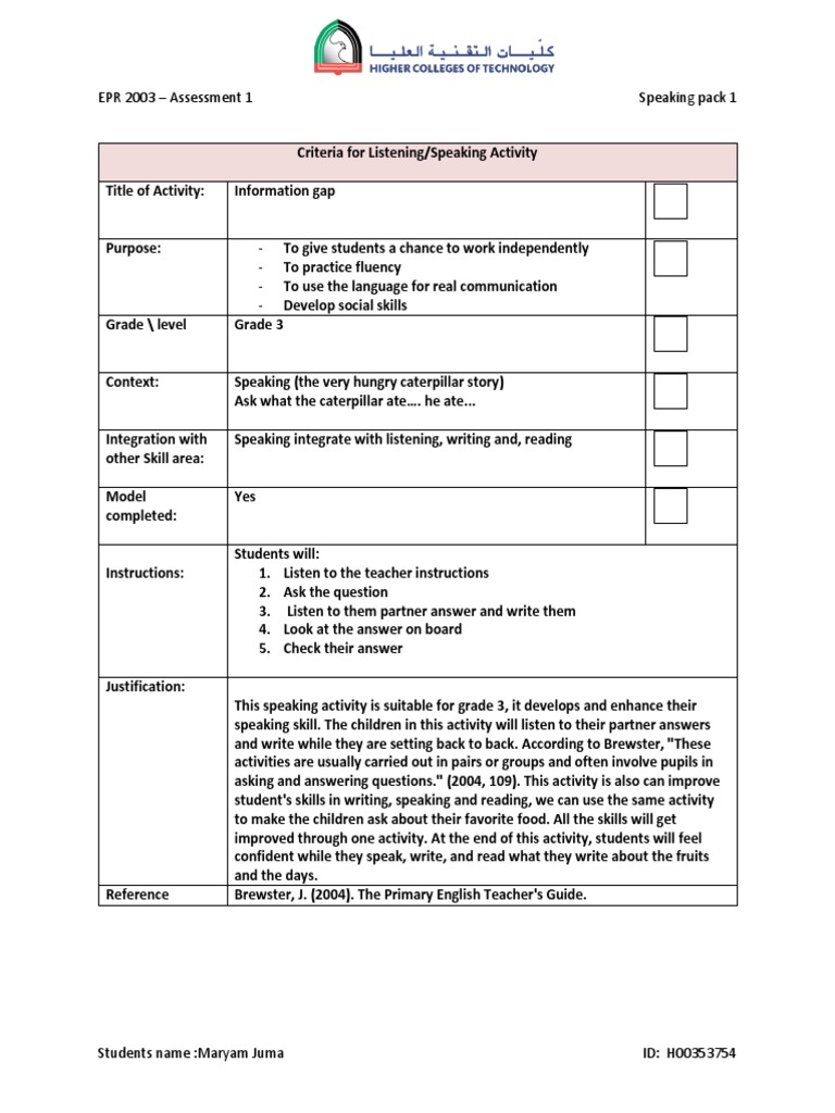 Maryam Juma-H00353854-Checklist For Effective Speaking Activity | PDF ...