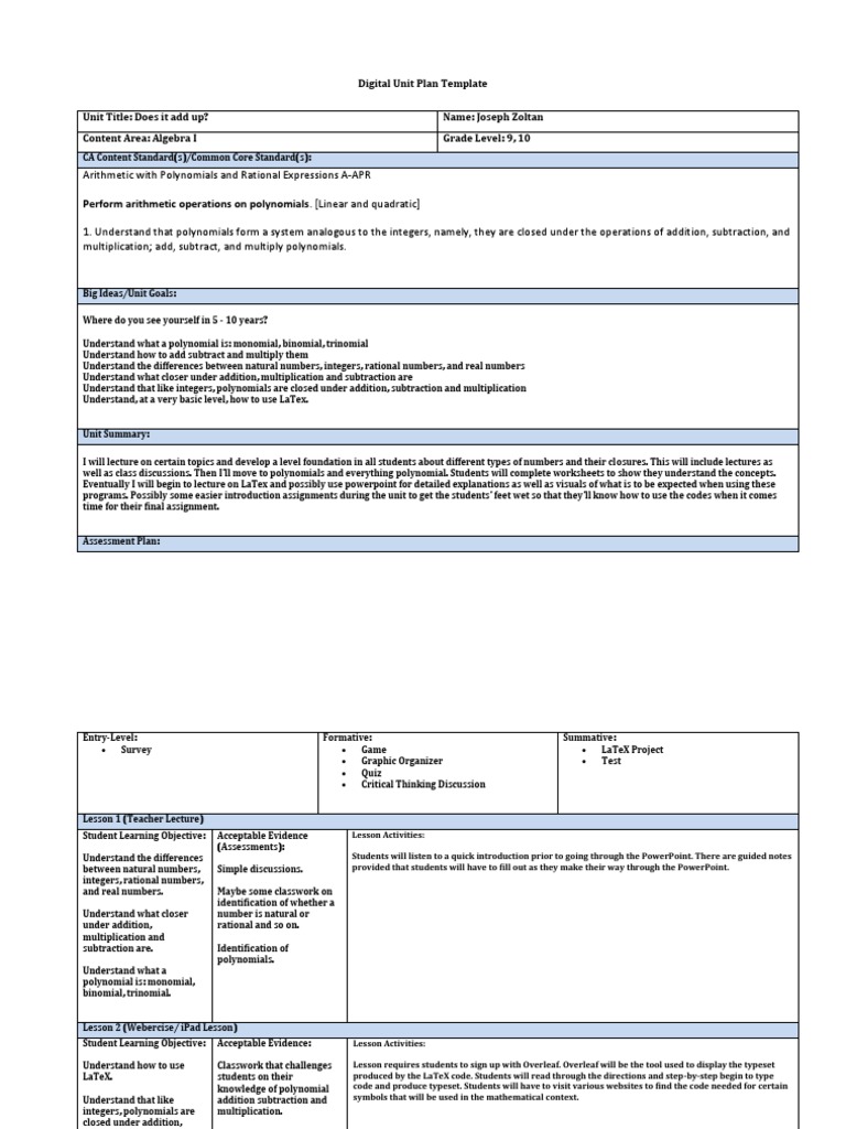 Digital Unit Plan Template | PDF | Multiplication | Polynomial