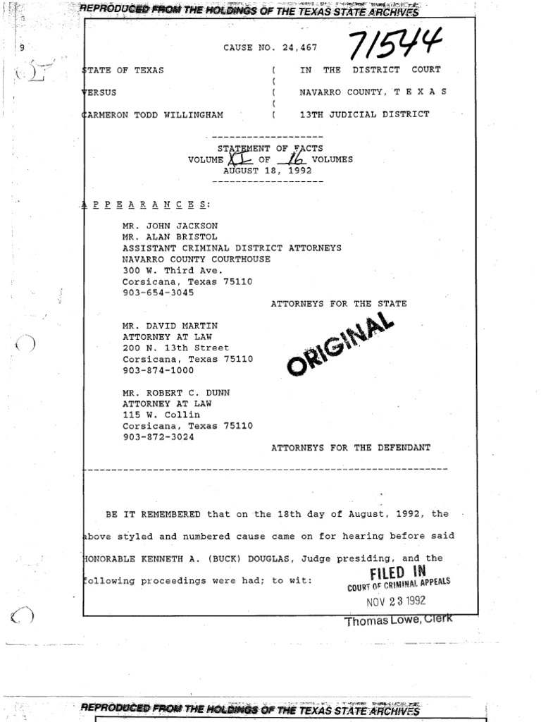 Complete Transcripts From Cameron Todd Willingham's 1992 Trial (Part 1 ...