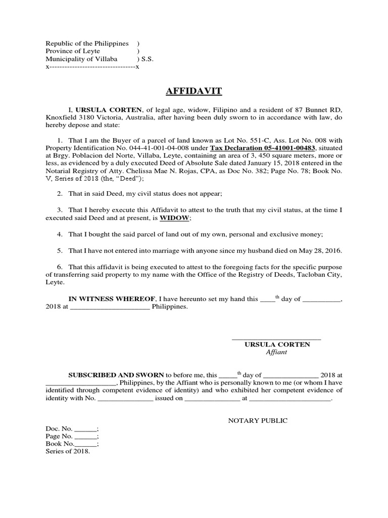 Affidavit: IN WITNESS WHEREOF, I have hereunto set my hand this