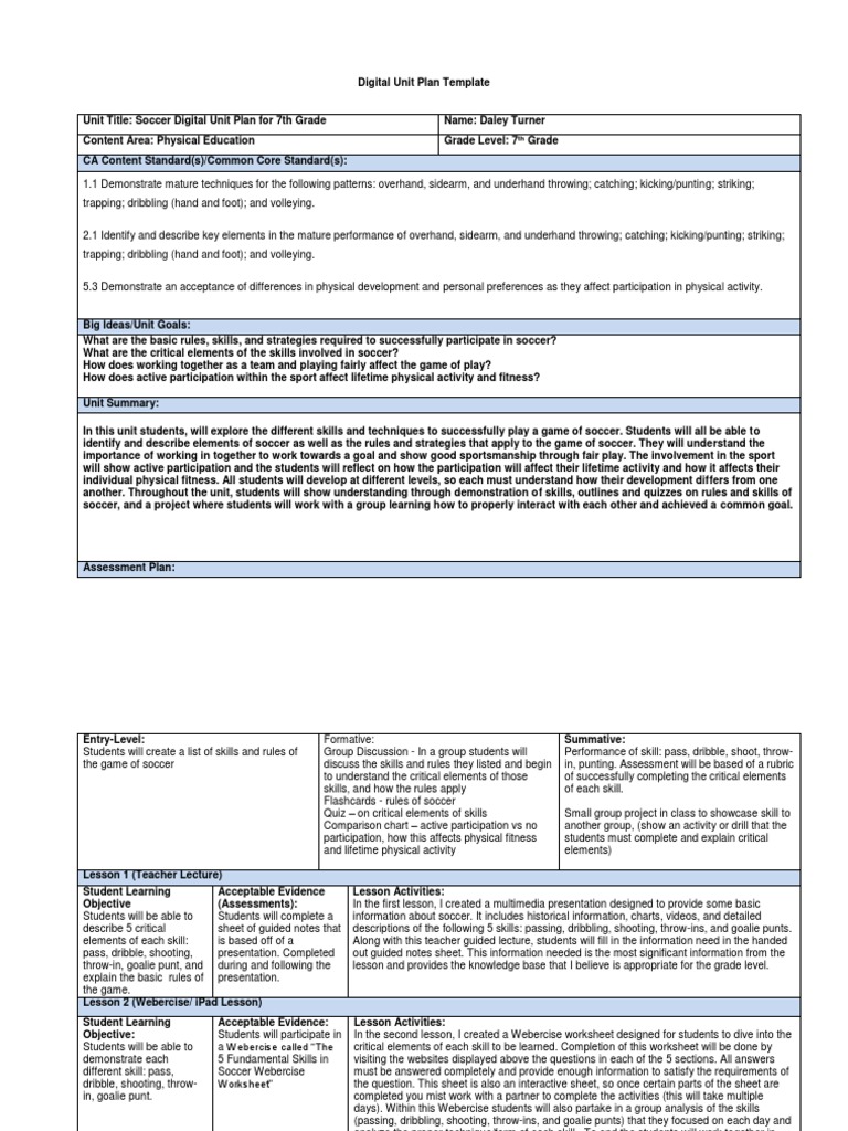 7th Grade Soccer Digital Unit Plan | PDF | Physical Education ...