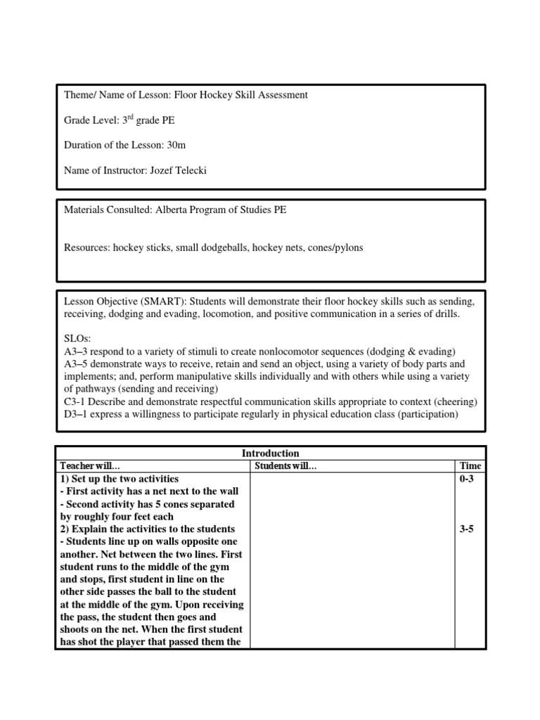 Floor Hockey Skills Lesson Plan | PDF | Educational Assessment ...