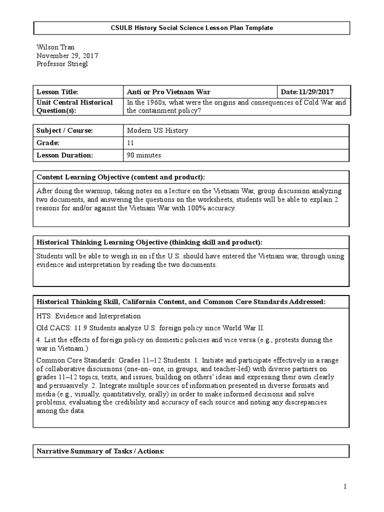 Vietnam War Lesson Plan for Students | PDF | Lesson Plan | Vietnam War