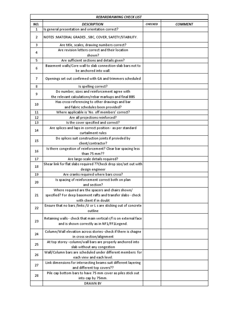 Rebar Drawing Check List | PDF | Civil Engineering | Engineering