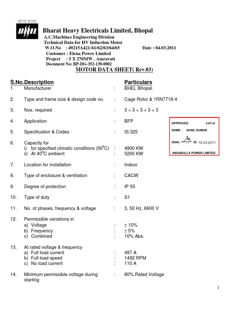 Bharat Heavy Electricals Limited, Bhopal: Motor Data Sheet (Rev.03) S ...