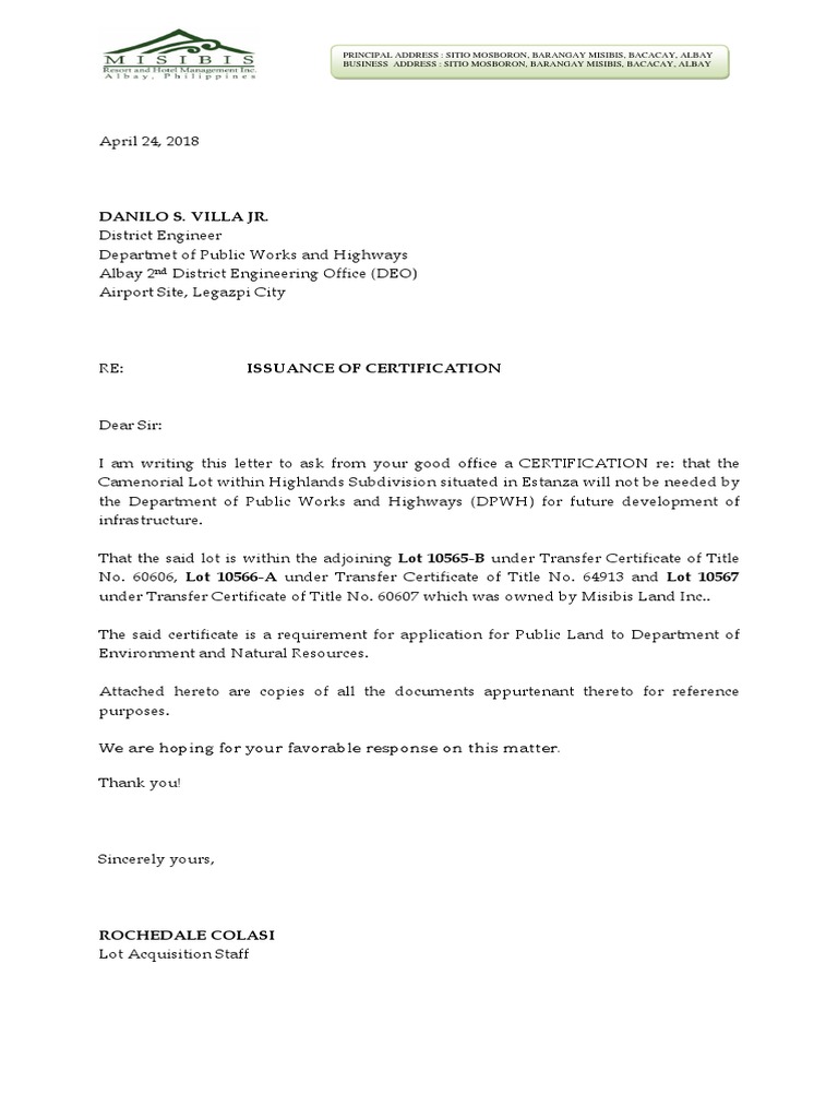 Certification Request for Lot Ownership | PDF