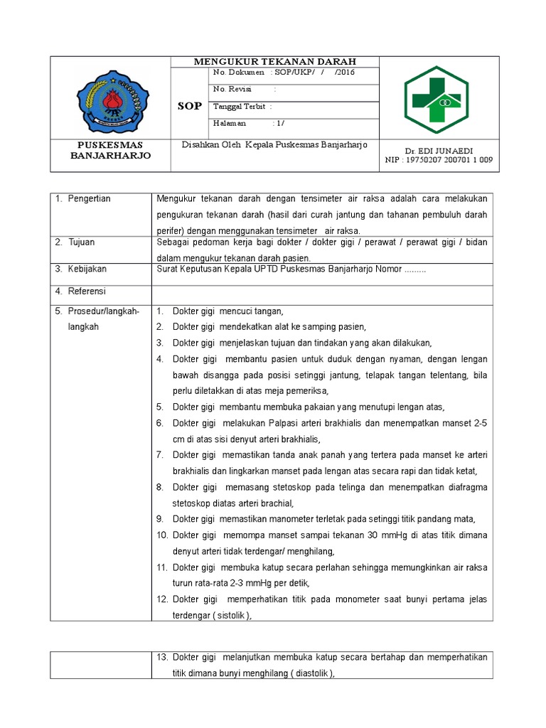 Sop Mengukur Tekanan Darah Dengan Tensimeter Air Raksa | PDF