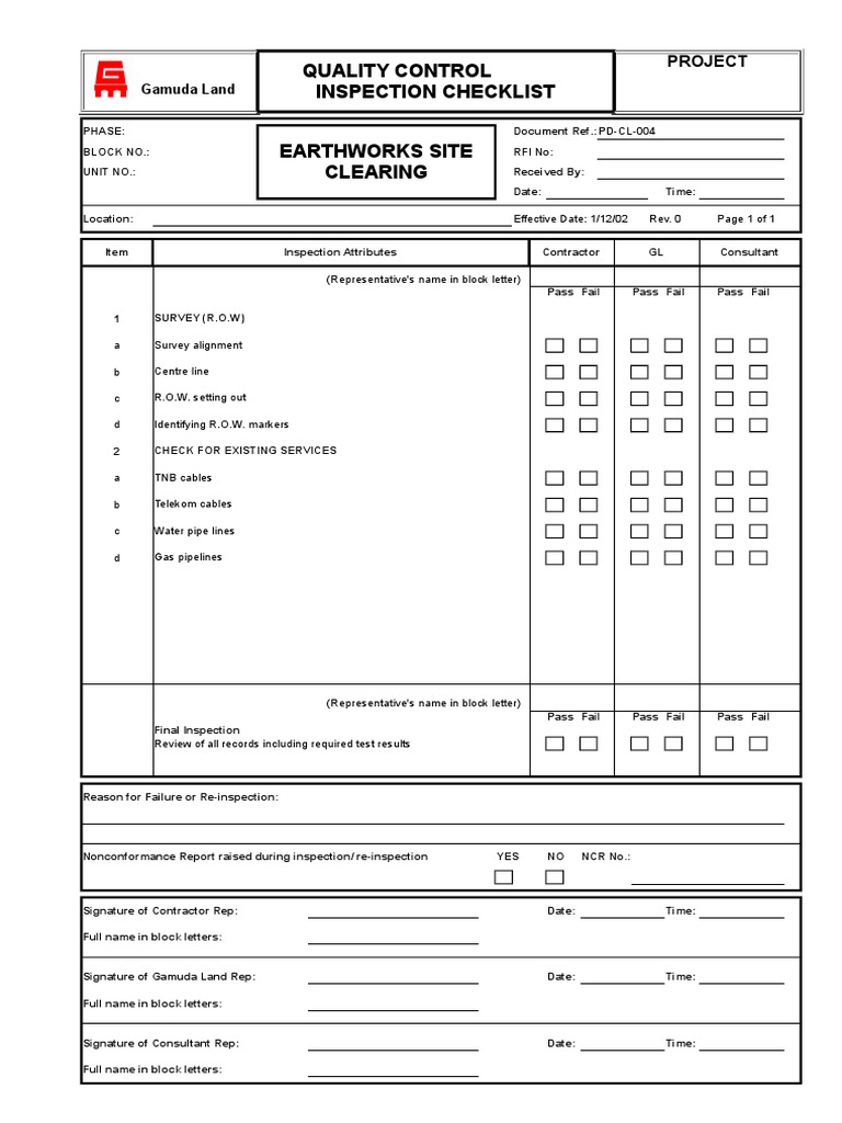Quality Control Inspection Checklist Earthworks Site Clearing | PDF