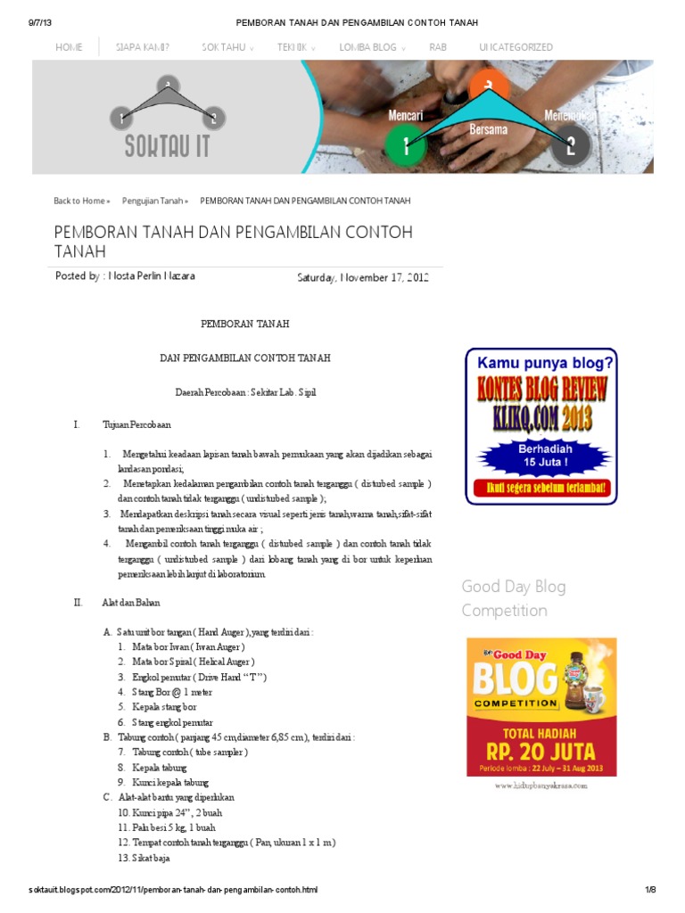 Pemboran Tanah Dan Pengambilan Contoh Tanah | PDF