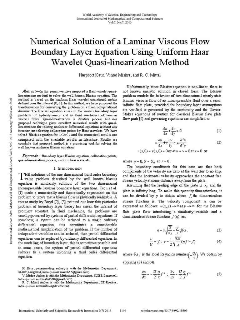 Numerical Solution of A Laminar Viscous Flow Boundary Layer Equation Using Uniform Haar Wavelet ...