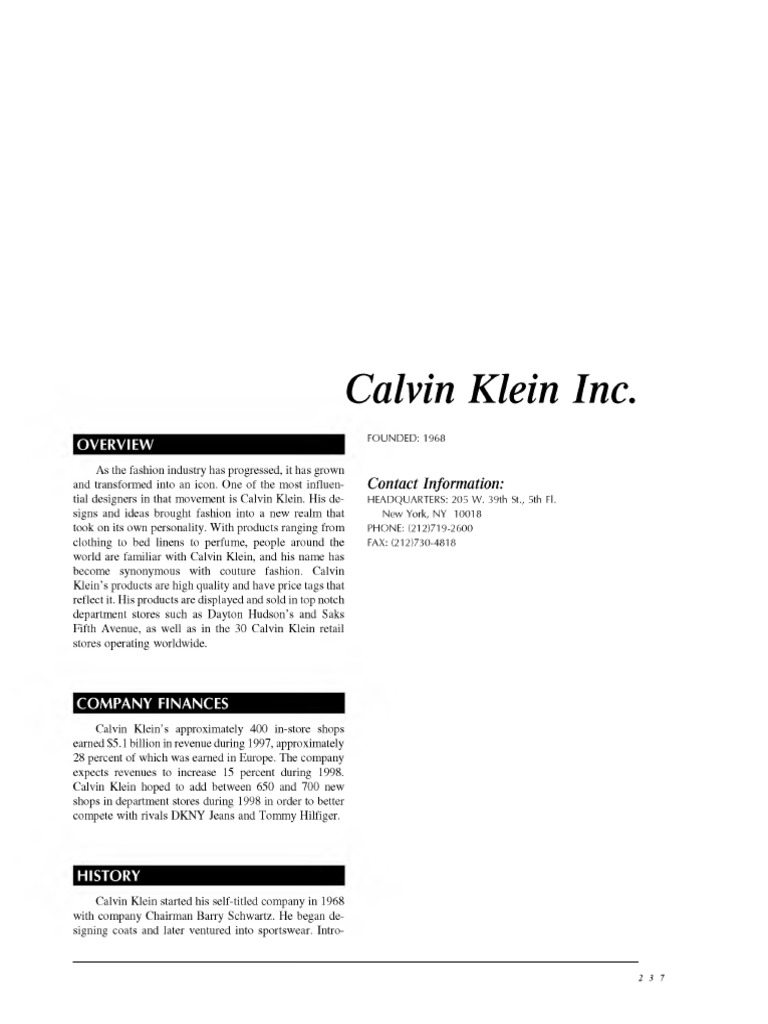 Calvin Klein Inc.: Contact Information | PDF | Undergarment | Gap Inc.