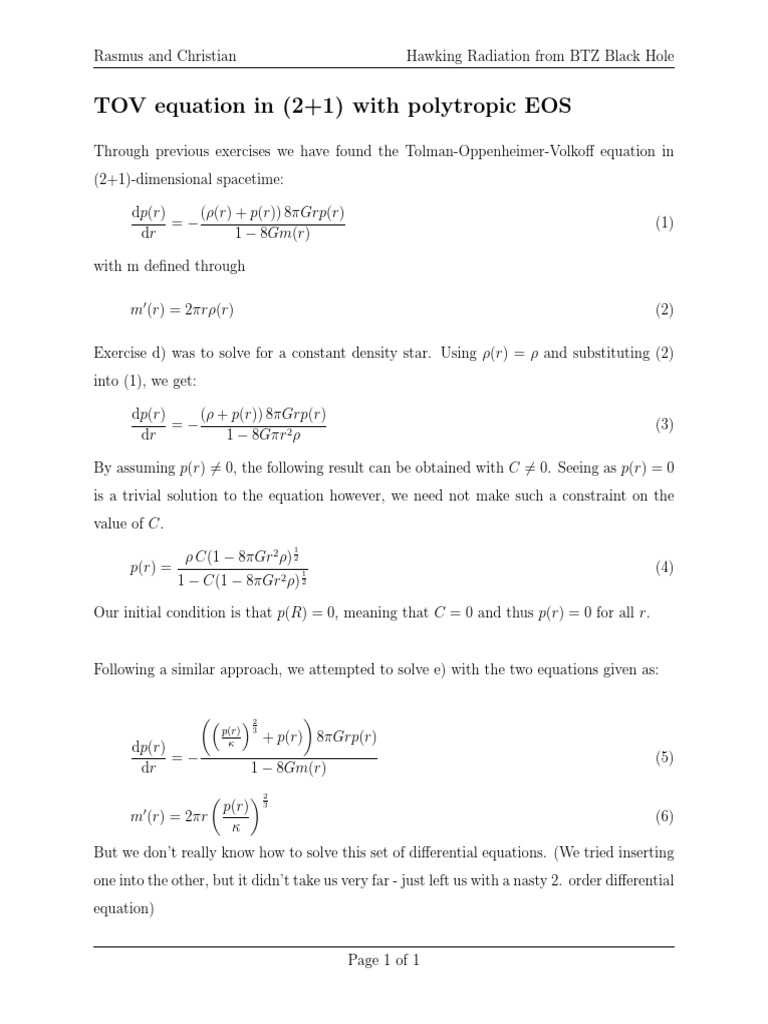 TOV Equation in (2+1) With Polytropic EOS | PDF