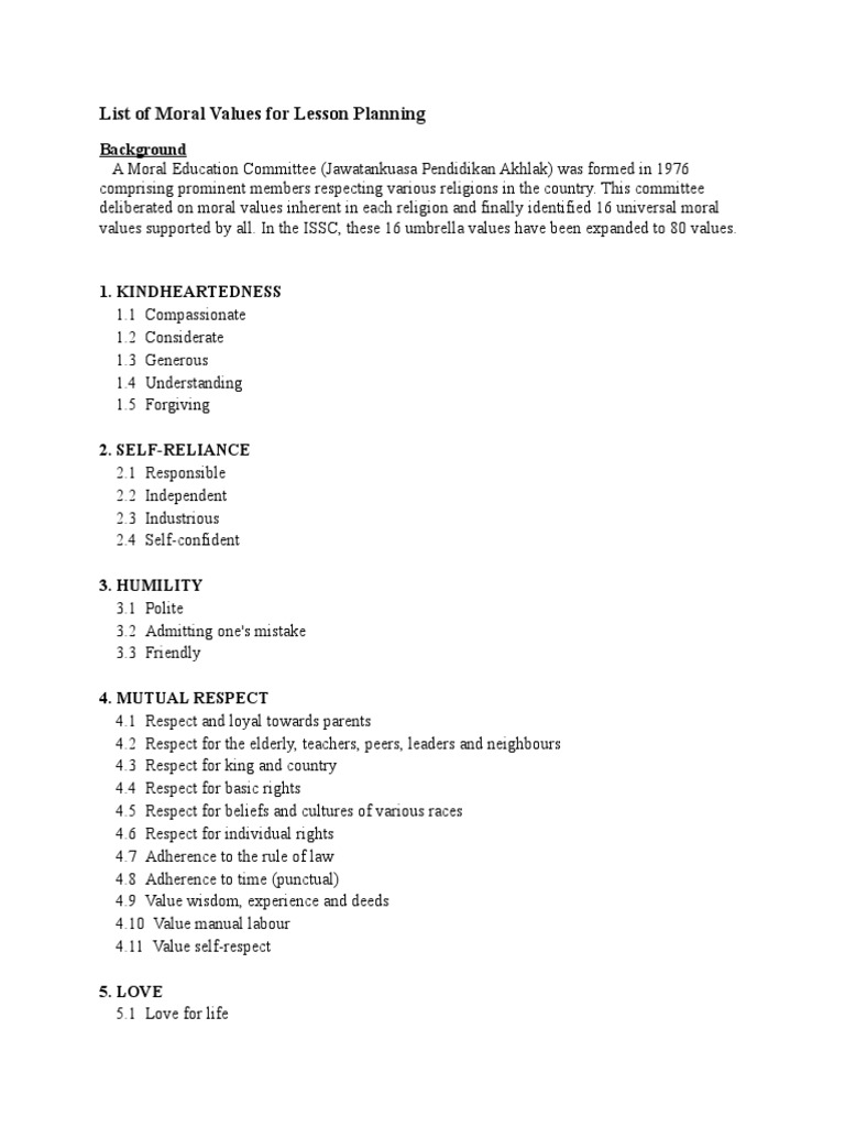 List of Moral Values For Lesson Planning | PDF | Morality | Value (Ethics)