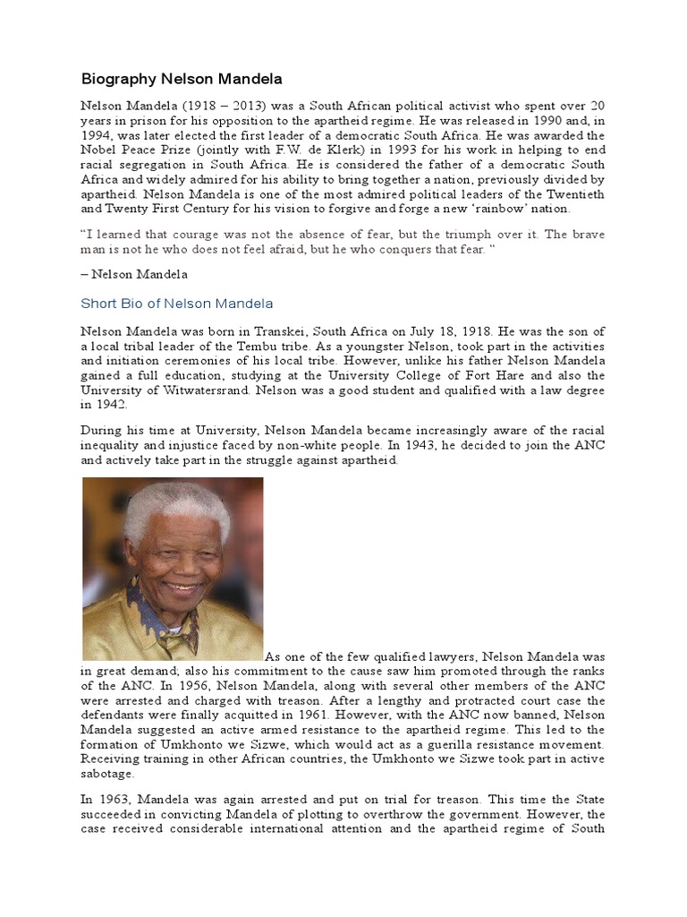 Biography Nelson Mandela | PDF | Nelson Mandela | Apartheid