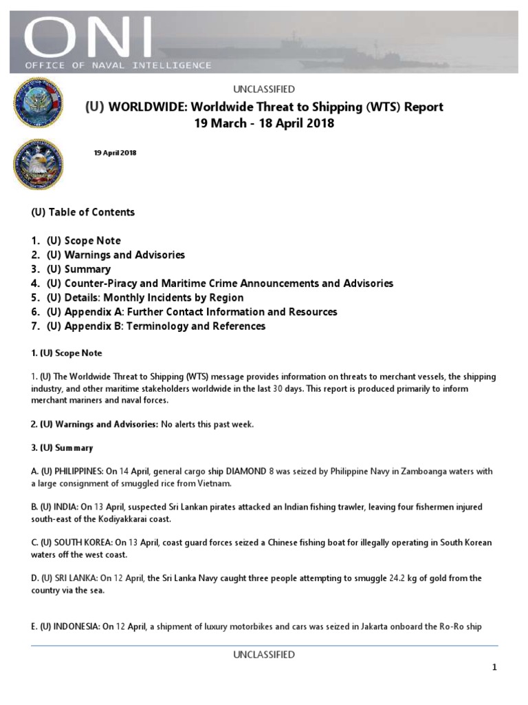 U .S. Navy Office of Naval Intelligence Worldwide Threat To Shipping ...