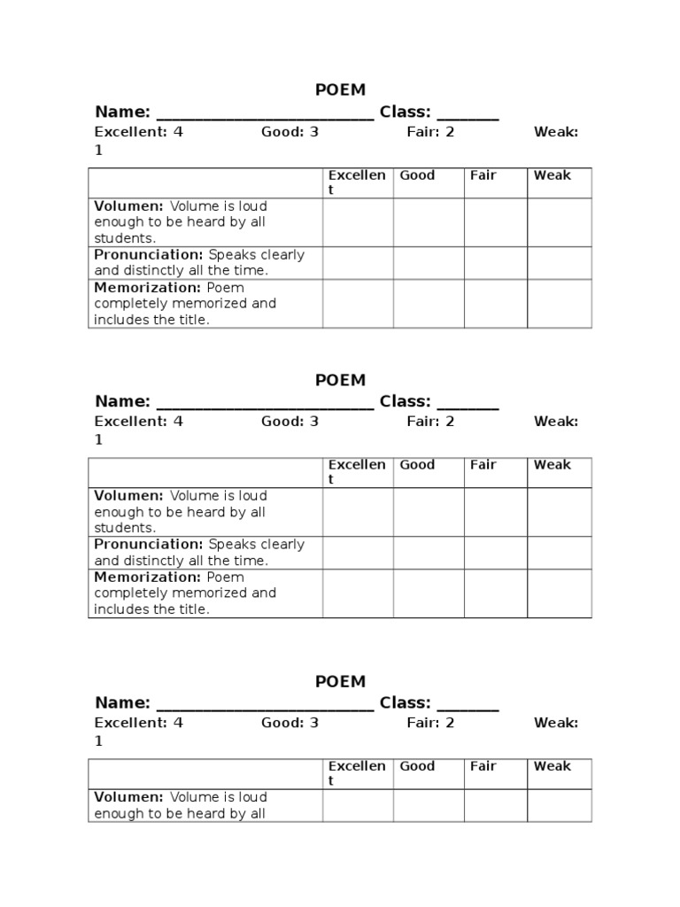 Rubric Poem Recitation | PDF