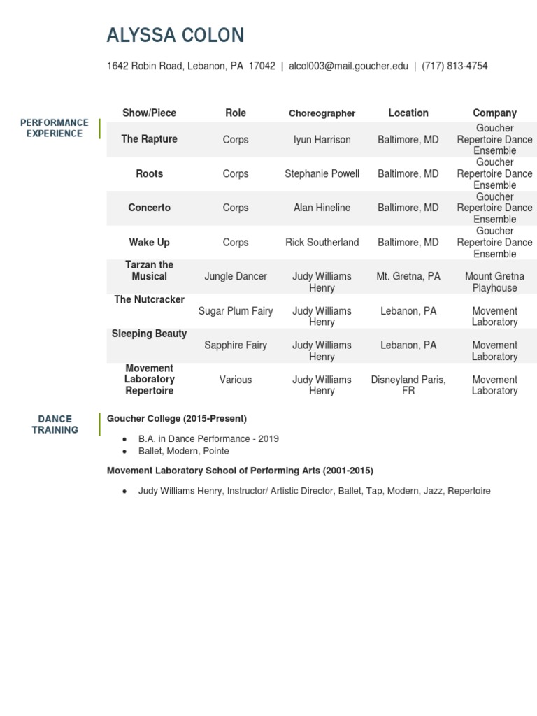 Alyssa Colon - Dance Resume | PDF | Ballet | Dances
