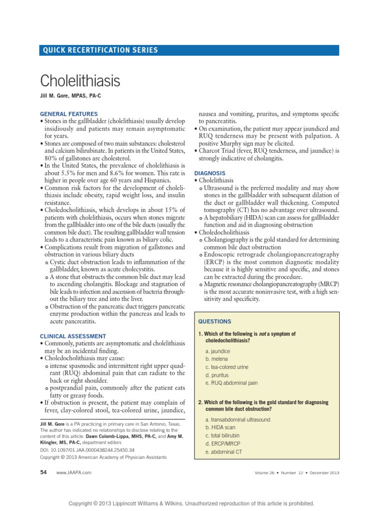 Cholelithiasis: Quick Recertific Ation Series | PDF | Gallbladder | Liver