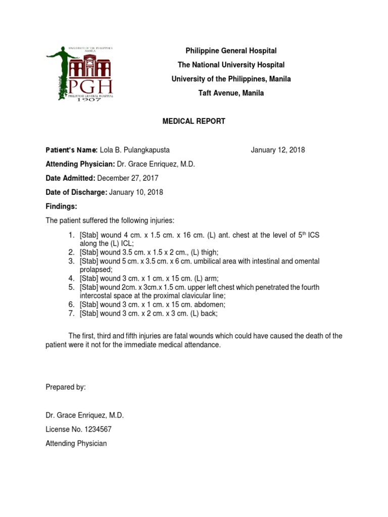 Medical Report of Stab Wound Patient | PDF