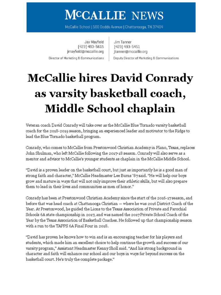Mccallie Hires David Conrady As Varsity Basketball Coach, Middle School ...