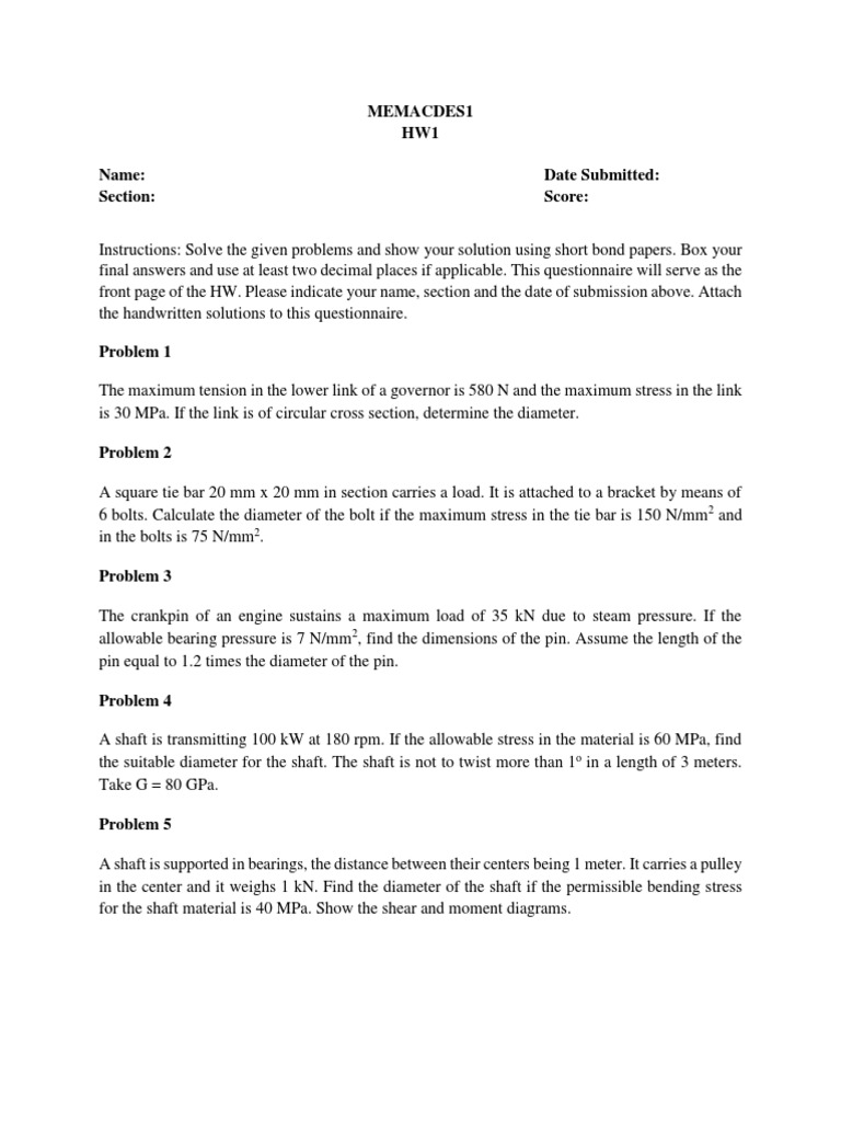 Machine Design Homework #1 | PDF