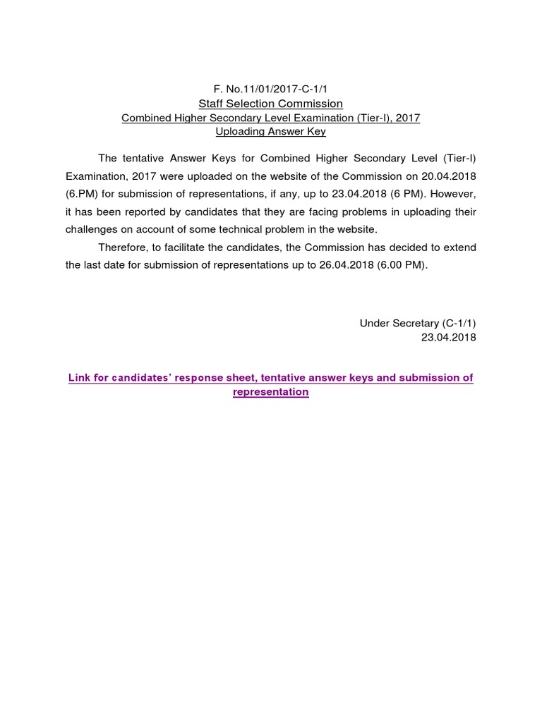 Staff Selection Commission: Link For Candidates' Response Sheet ...