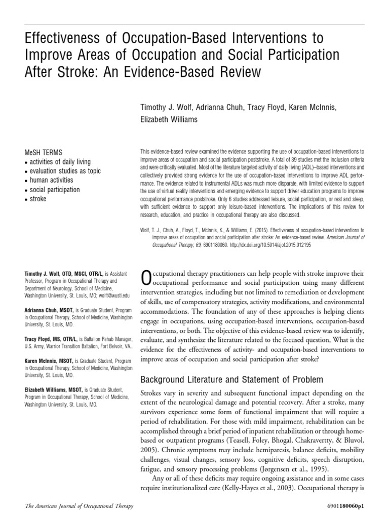 Effectiveness of Occupation-Based Interventions To Improve Areas of ...