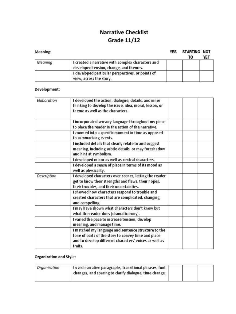 Narrative Checklist 11 and 12 | PDF | Narrative | Narration