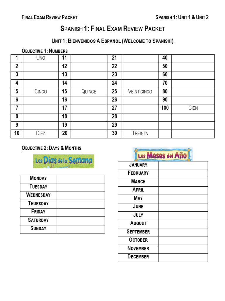 Final Exam Review Packet - SPANISH 1 - Unit 1 & Unit 2 (1 ...