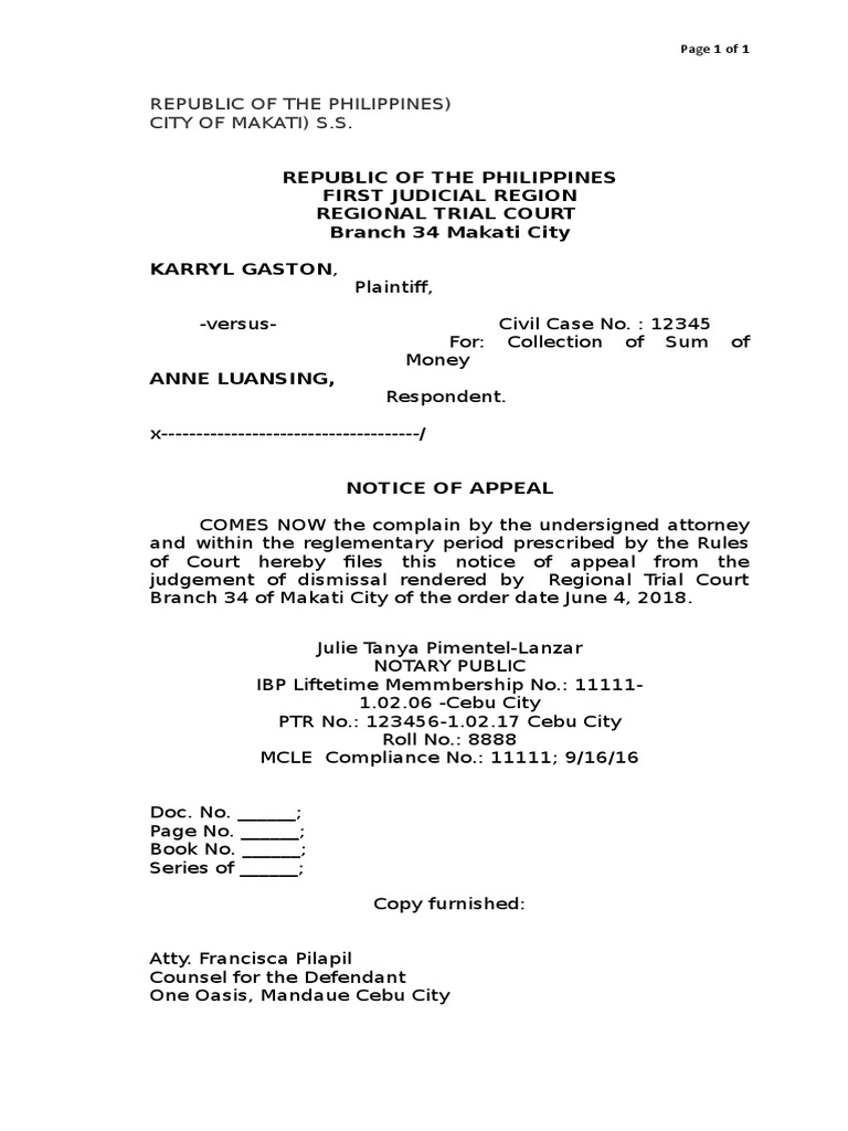 Notice of Appeal in Civil Case 12345 | PDF | Politics