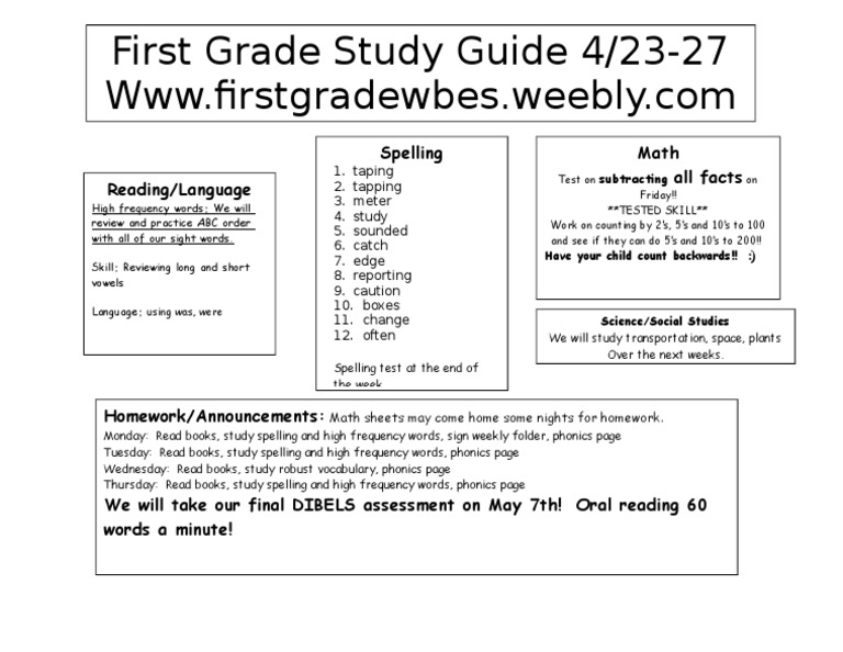 First Grade Weekly Study Guide | PDF