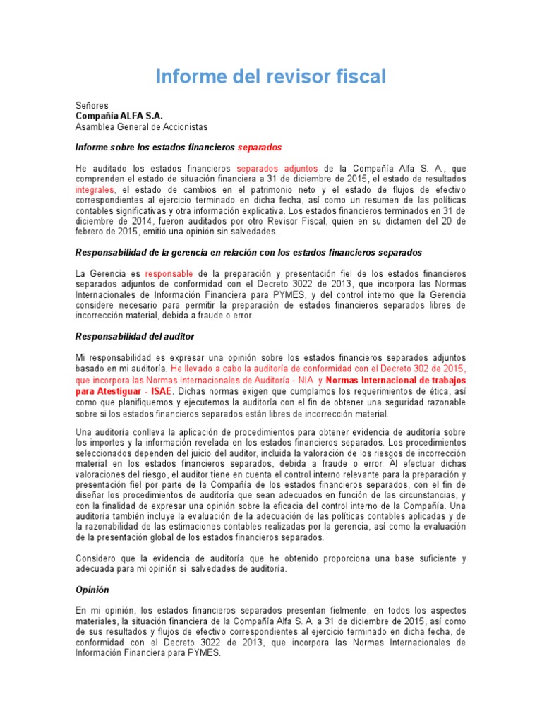 Modelo De Informe De Revisor Fiscal Auditoría Financiera Contralor