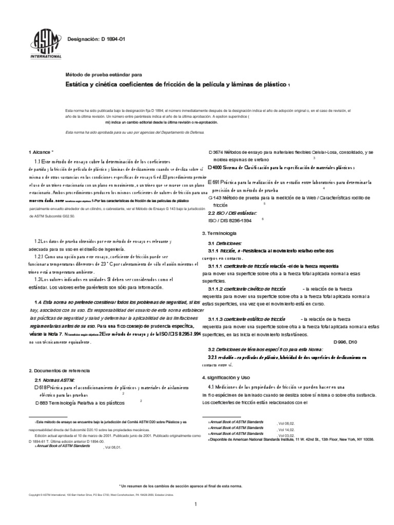 Cof Astm d1894 | PDF | Fricción | Movimiento (física)
