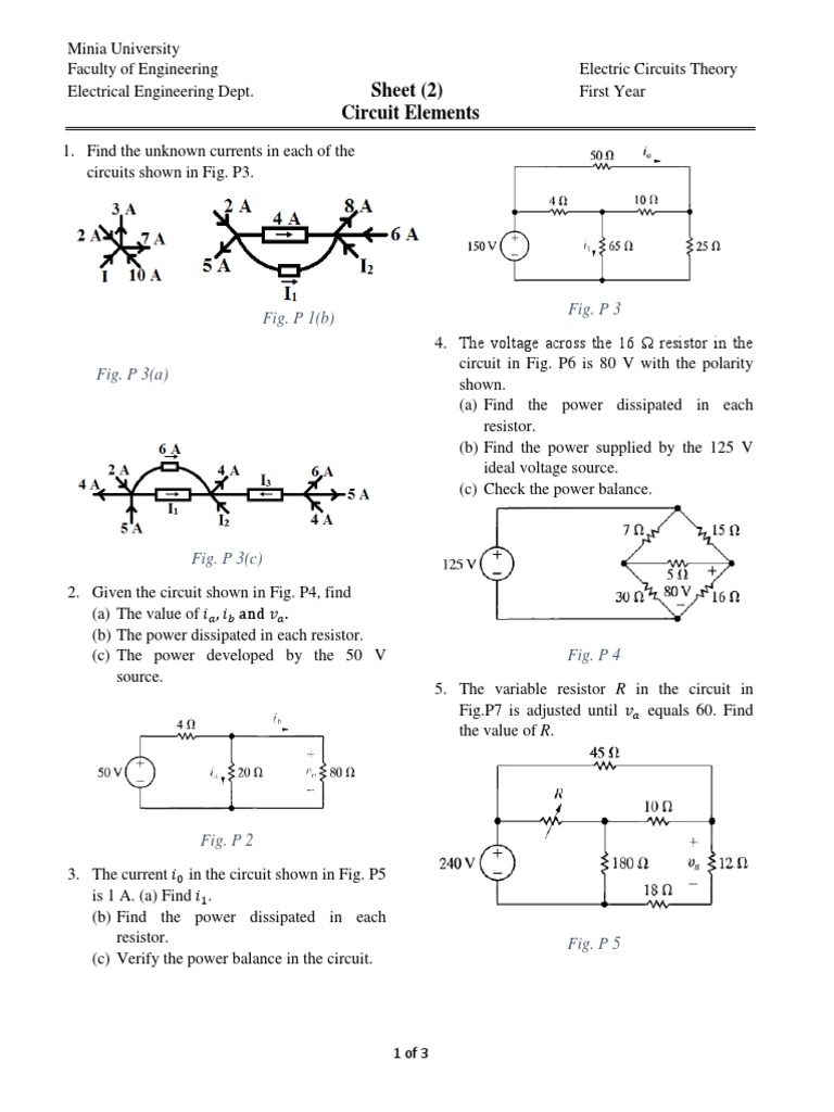 Sheet (2) Circuit Elements: Fig. P 3 Fig. P 1 (B) | PDF | Electrical ...