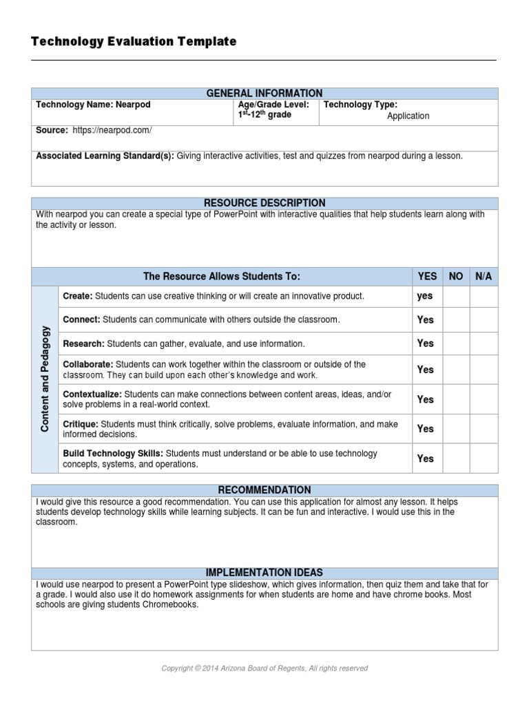 Technology Evaluation Template: General Information | PDF | Homework ...