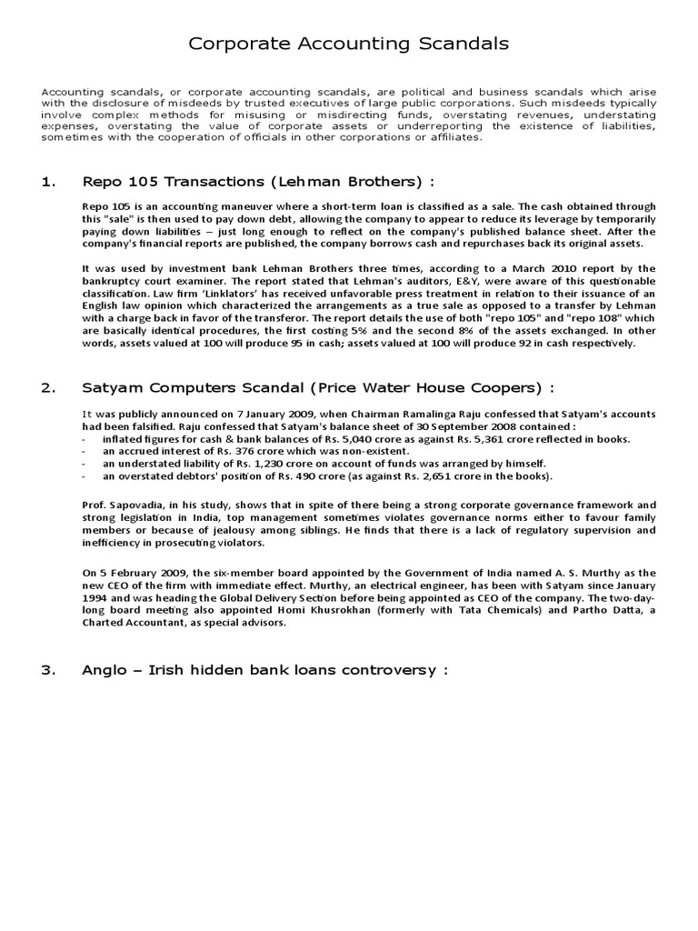 Corporate Accounting Scandals | PDF | Repurchase Agreement | Money