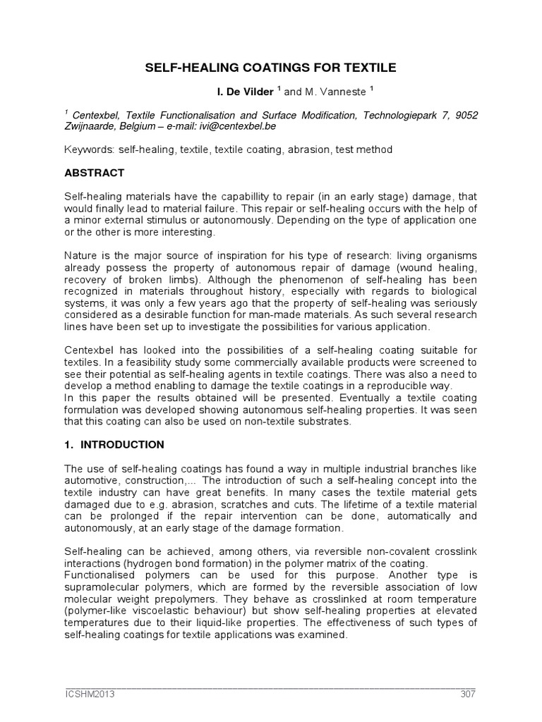 Self-Healing Coatings For Textile: I. de Vilder | PDF | Textiles | Polymers